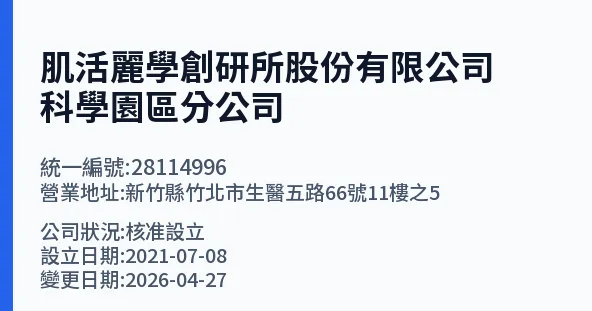 肌活麗學創研所股份有限公司科學園區分公司的照片-統編 28114996(新竹縣) 公司登記資料與營業項目詳細圖表