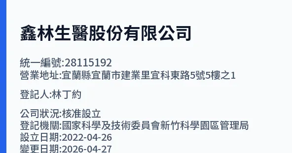 鑫林生醫股份有限公司的照片-統編 28115192(宜蘭縣) 公司登記資料與營業項目詳細圖表