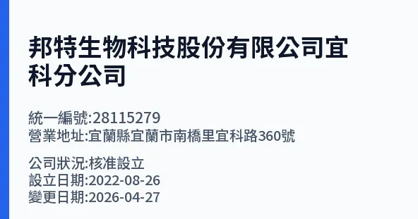 邦特生物科技股份有限公司宜科分公司的照片-統編 28115279(宜蘭縣) 公司登記資料與營業項目詳細圖表