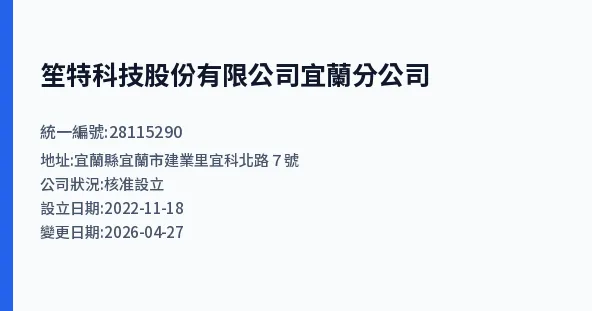 笙特科技股份有限公司宜蘭分公司的照片-統編 28115290(宜蘭縣) 公司登記資料與營業項目詳細圖表