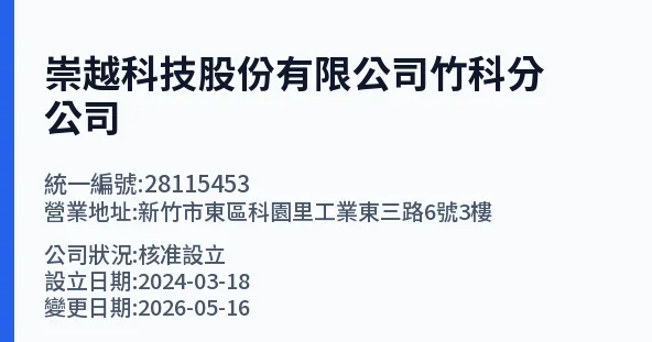 崇越科技股份有限公司竹科分公司的照片-統編 28115453(新竹市) 公司登記資料與營業項目詳細圖表