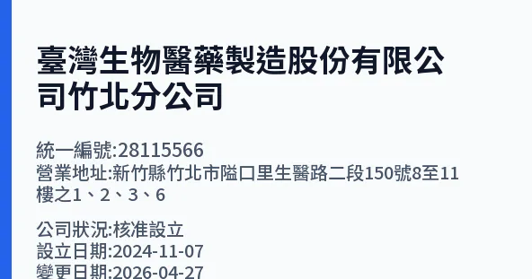 臺灣生物醫藥製造股份有限公司竹北分公司的照片-統編 28115566(新竹縣) 公司登記資料與營業項目詳細圖表