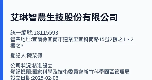 艾琳智農生技股份有限公司的照片-統編 28115593(宜蘭縣) 公司登記資料與營業項目詳細圖表