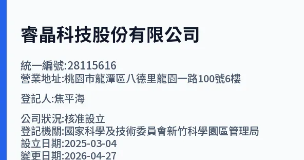 睿晶科技股份有限公司的照片-統編 28115616(桃園市) 公司登記資料與營業項目詳細圖表