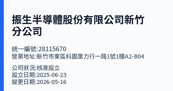 振生半導體股份有限公司新竹分公司的照片-統編 28115670(新竹市) 公司登記資料與營業項目詳細圖表