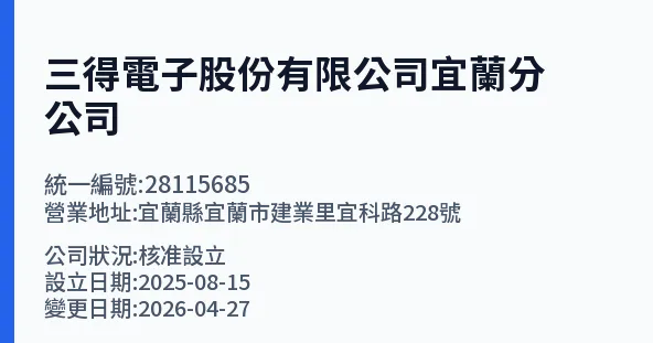 三得電子股份有限公司宜蘭分公司的照片-統編 28115685(宜蘭縣) 公司登記資料與營業項目詳細圖表