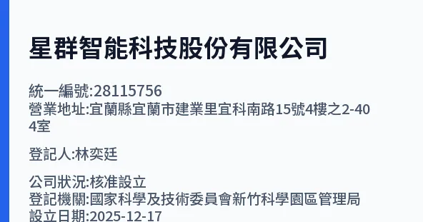 星群智能科技股份有限公司的照片-統編 28115756(宜蘭縣) 公司登記資料與營業項目詳細圖表