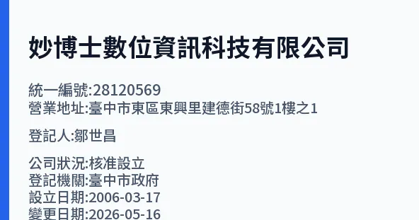 妙博士數位資訊科技有限公司的照片-統編 28120569(臺中市) 公司登記資料與營業項目詳細圖表