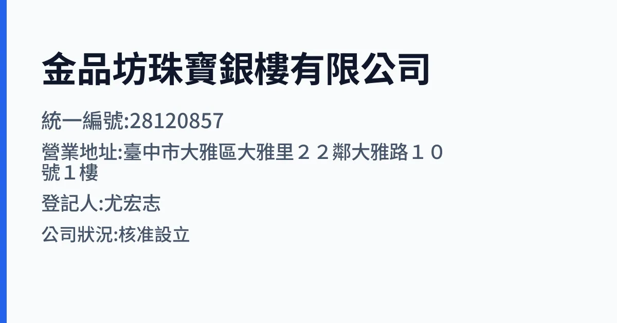 金品坊珠寶銀樓有限公司 - 統編 28120857(臺中市) 公司登記資料與營業項目詳細圖表