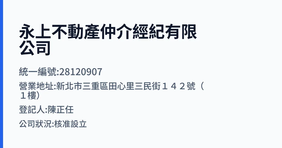永上不動產仲介經紀有限公司 - 統編 28120907(新北市) 公司登記資料與營業項目詳細圖表