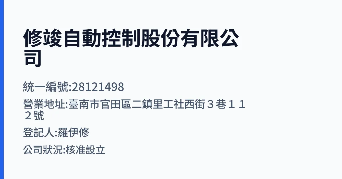 修竣自動控制股份有限公司 - 統編 28121498(臺南市) 公司登記資料與營業項目詳細圖表