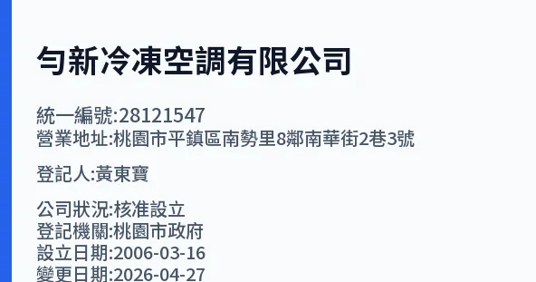 勻新冷凍空調有限公司的照片-統編 28121547(桃園市) 公司登記資料與營業項目詳細圖表