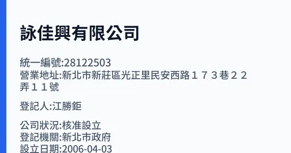 詠佳興有限公司的照片-統編 28122503(新北市) 公司登記資料與營業項目詳細圖表