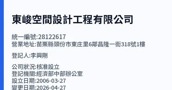 東峻空間設計工程有限公司的照片-統編 28122617(苗栗縣) 公司登記資料與營業項目詳細圖表