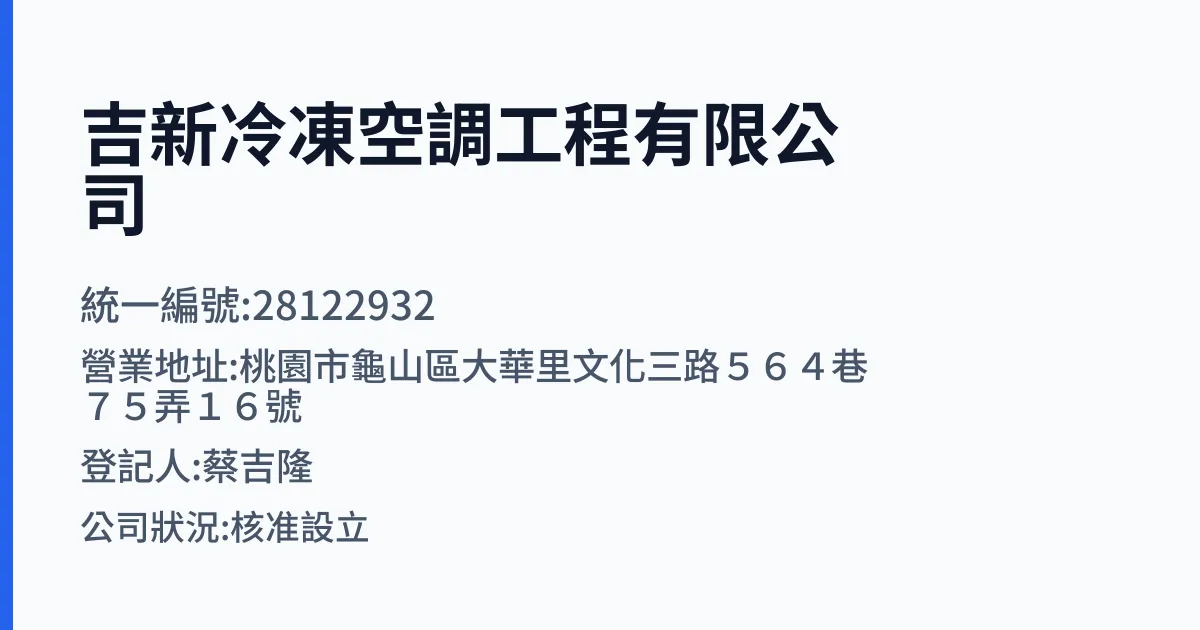 吉新冷凍空調工程有限公司 - 統編 28122932(桃園市) 公司登記資料與營業項目詳細圖表