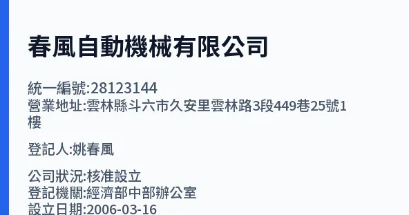 春風自動機械有限公司的照片-統編 28123144(雲林縣) 公司登記資料與營業項目詳細圖表