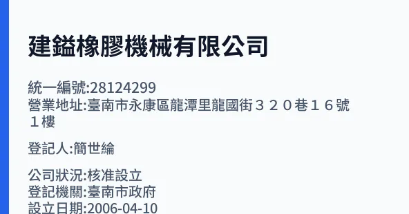 建鎰橡膠機械有限公司的照片-統編 28124299(臺南市) 公司登記資料與營業項目詳細圖表