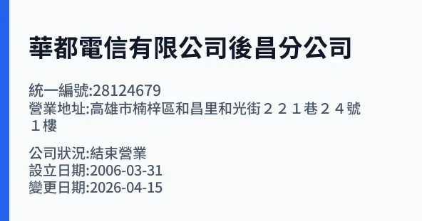 華都電信有限公司後昌分公司的照片-統編 28124679(高雄市) 公司登記資料與營業項目詳細圖表
