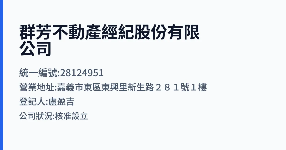 群芳不動產經紀股份有限公司 - 統編 28124951(嘉義市) 公司登記資料與營業項目詳細圖表