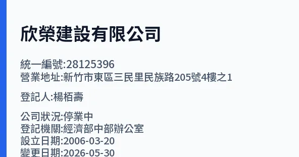 欣榮建設有限公司的照片-統編 28125396(新竹市) 公司登記資料與營業項目詳細圖表