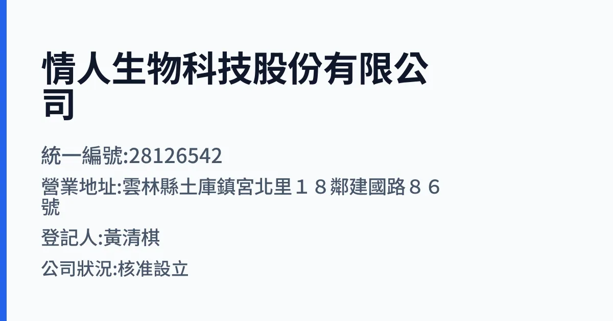 情人生物科技股份有限公司 - 統編 28126542(雲林縣) 公司登記資料與營業項目詳細圖表