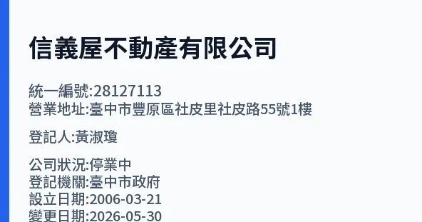 信義屋不動產有限公司的照片-統編 28127113(臺中市) 公司登記資料與營業項目詳細圖表