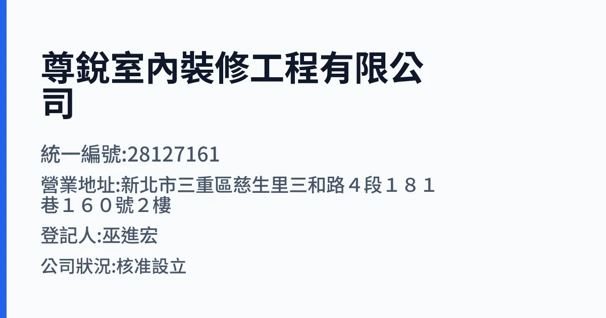 尊銳室內裝修工程有限公司 - 統編 28127161(新北市) 公司登記資料與營業項目詳細圖表