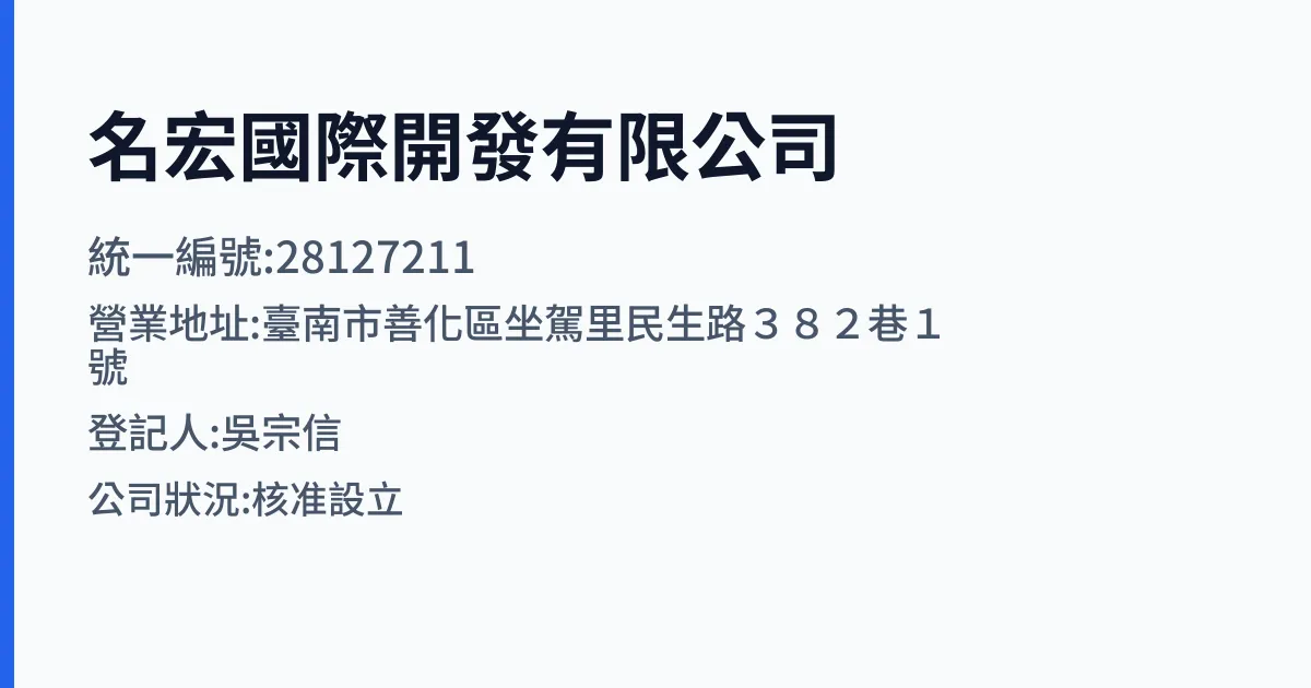 名宏國際開發有限公司 - 統編 28127211（臺南市） 公司登記資料與營業項目詳細圖表