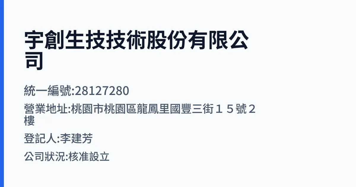 宇創生技技術股份有限公司 - 統編 28127280(桃園市) 公司登記資料與營業項目詳細圖表