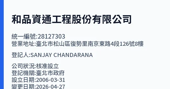 和品資通工程股份有限公司的照片-統編 28127303(臺北市) 公司登記資料與營業項目詳細圖表