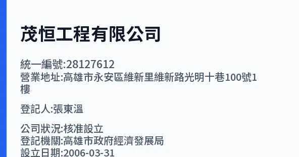 茂恒工程有限公司的照片-統編 28127612(高雄市) 公司登記資料與營業項目詳細圖表