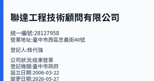 聯達工程技術顧問有限公司的照片-統編 28127958(臺中市) 公司登記資料與營業項目詳細圖表