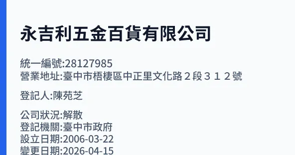 永吉利五金百貨有限公司的照片-統編 28127985(臺中市) 公司登記資料與營業項目詳細圖表