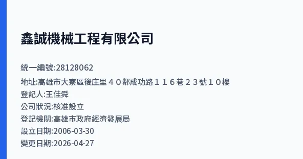 鑫誠機械工程有限公司的照片-統編 28128062(高雄市) 公司登記資料與營業項目詳細圖表