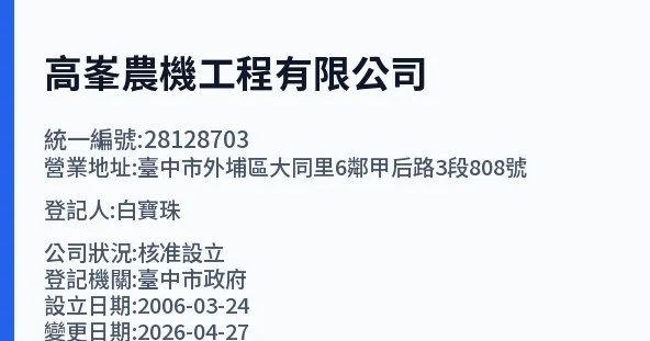 高峯農機工程有限公司的照片-統編 28128703(臺中市) 公司登記資料與營業項目詳細圖表