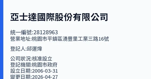 亞士達國際股份有限公司的照片-統編 28128963(桃園市) 公司登記資料與營業項目詳細圖表
