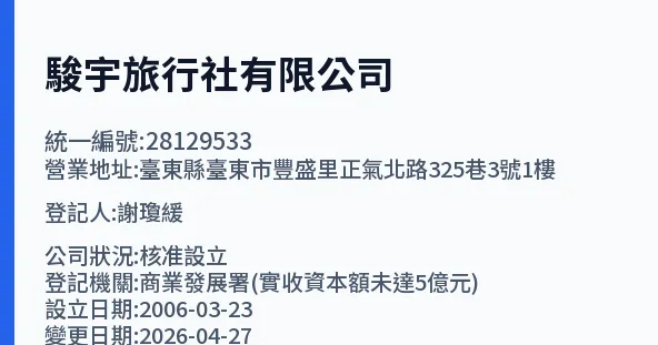 駿宇旅行社有限公司的照片-統編 28129533(臺東縣) 公司登記資料與營業項目詳細圖表