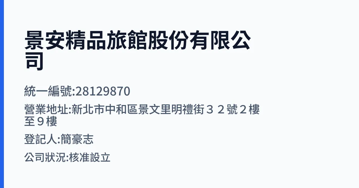 景安精品旅館股份有限公司 - 統編 28129870(新北市) 公司登記資料與營業項目詳細圖表