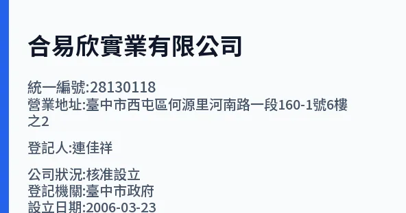 合易欣實業有限公司的照片-統編 28130118(臺中市) 公司登記資料與營業項目詳細圖表