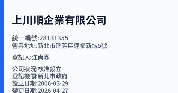 上川順企業有限公司的照片-統編 28131355(新北市) 公司登記資料與營業項目詳細圖表