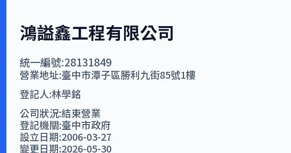 鴻謚鑫工程有限公司的照片-統編 28131849(臺中市) 公司登記資料與營業項目詳細圖表