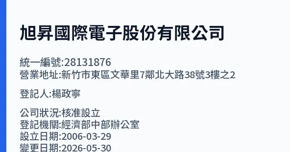 旭昇國際電子股份有限公司的照片-統編 28131876(新竹市) 公司登記資料與營業項目詳細圖表