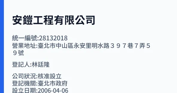 安鎧工程有限公司的照片-統編 28132018(臺北市) 公司登記資料與營業項目詳細圖表