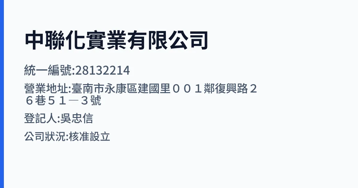 中聯化實業有限公司 - 統編 28132214（臺南市） 公司登記資料與營業項目詳細圖表