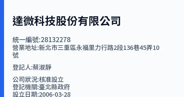 達微科技股份有限公司的照片-統編 28132278(新北市) 公司登記資料與營業項目詳細圖表