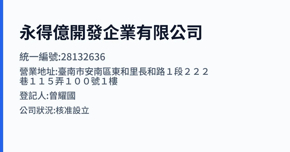 永得億開發企業有限公司 - 統編 28132636(臺南市) 公司登記資料與營業項目詳細圖表