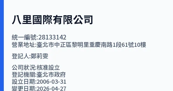 八里國際有限公司的照片-統編 28133142(臺北市) 公司登記資料與營業項目詳細圖表