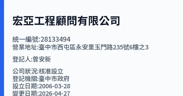 宏亞工程顧問有限公司的照片-統編 28133494(臺中市) 公司登記資料與營業項目詳細圖表