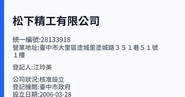 松下精工有限公司的照片-統編 28133918(臺中市) 公司登記資料與營業項目詳細圖表