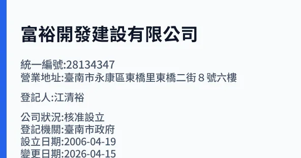 富裕開發建設有限公司的照片-統編 28134347(臺南市) 公司登記資料與營業項目詳細圖表